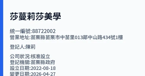 莎蔓莉莎美學的照片-統編 88722002(苗栗縣) 公司登記資料與營業項目詳細圖表