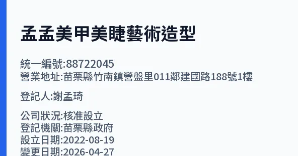 孟孟美甲美睫藝術造型的照片-統編 88722045(苗栗縣) 公司登記資料與營業項目詳細圖表