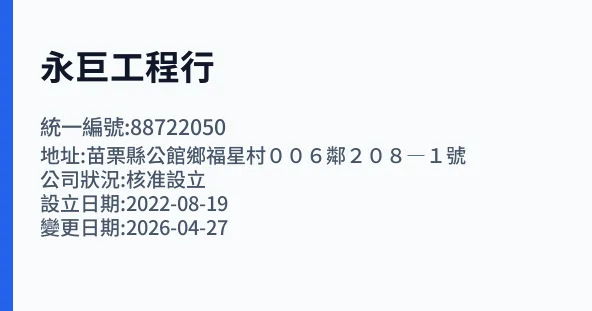 永巨工程行的照片-統編 88722050(苗栗縣) 公司登記資料與營業項目詳細圖表