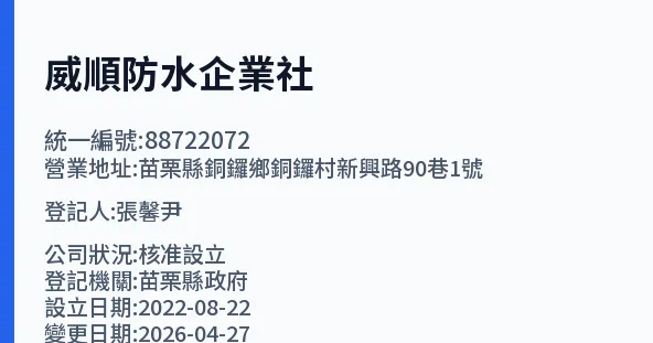 威順防水企業社的照片-統編 88722072(苗栗縣) 公司登記資料與營業項目詳細圖表