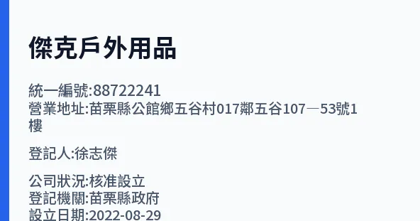 傑克戶外用品的照片-統編 88722241(苗栗縣) 公司登記資料與營業項目詳細圖表