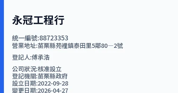 永冠工程行的照片-統編 88723353(苗栗縣) 公司登記資料與營業項目詳細圖表