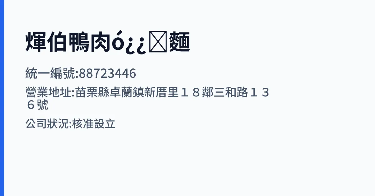 煇伯鴨肉麵 - 統編 88723446(苗栗縣) 公司登記資料與營業項目詳細圖表