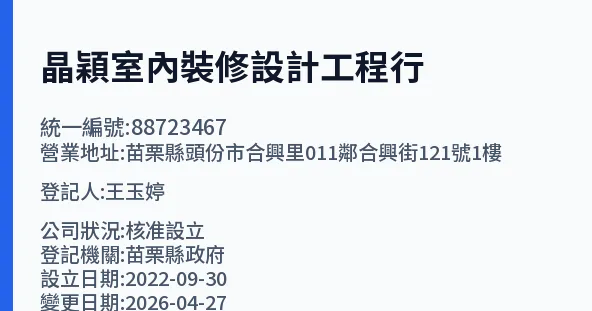 晶穎室內裝修設計工程行的照片-統編 88723467(苗栗縣) 公司登記資料與營業項目詳細圖表