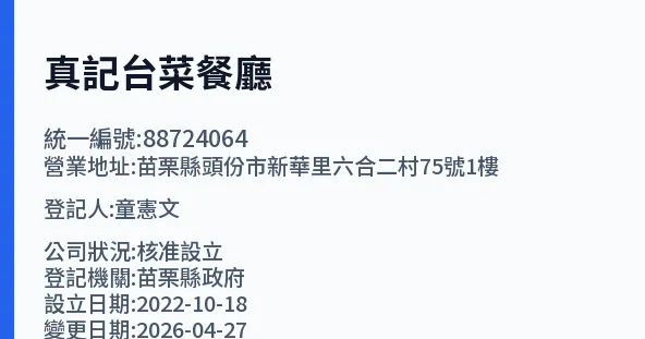 真記台菜餐廳的照片-統編 88724064(苗栗縣) 公司登記資料與營業項目詳細圖表