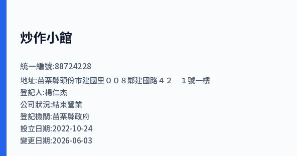 炒作小館的照片-統編 88724228(苗栗縣) 公司登記資料與營業項目詳細圖表