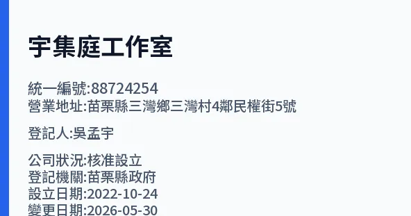 宇集庭工作室的照片-統編 88724254(苗栗縣) 公司登記資料與營業項目詳細圖表