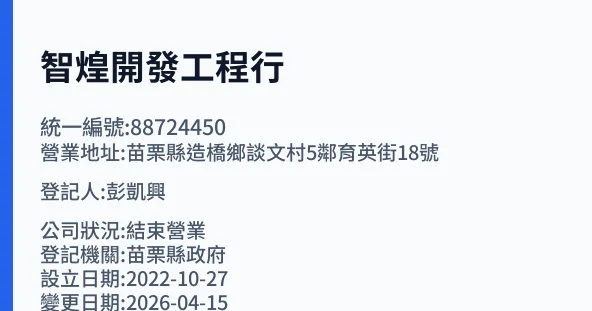 智煌開發工程行的照片-統編 88724450(苗栗縣) 公司登記資料與營業項目詳細圖表