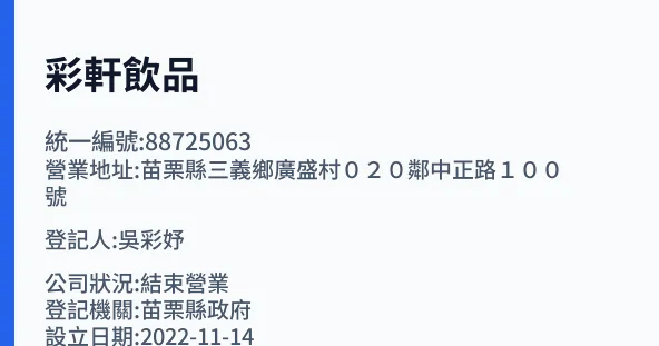 彩軒飲品的照片-統編 88725063(苗栗縣) 公司登記資料與營業項目詳細圖表