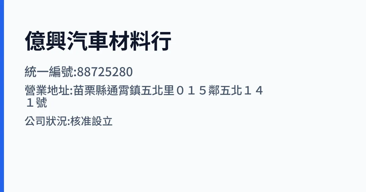 億興汽車材料行 - 統編 88725280（苗栗縣） 公司登記資料與營業項目詳細圖表