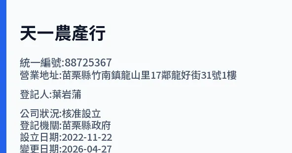 天一農產行的照片-統編 88725367(苗栗縣) 公司登記資料與營業項目詳細圖表