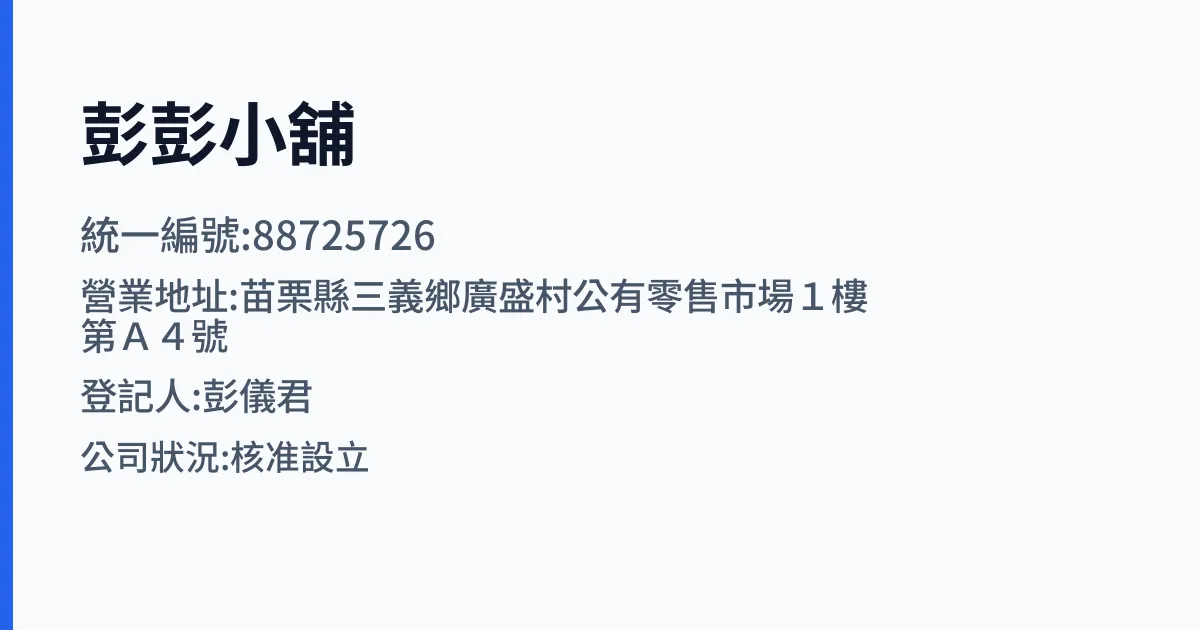 彭彭小舖 - 統編 88725726(苗栗縣) 公司登記資料與營業項目詳細圖表