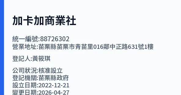 加卡加商業社的照片-統編 88726302(苗栗縣) 公司登記資料與營業項目詳細圖表