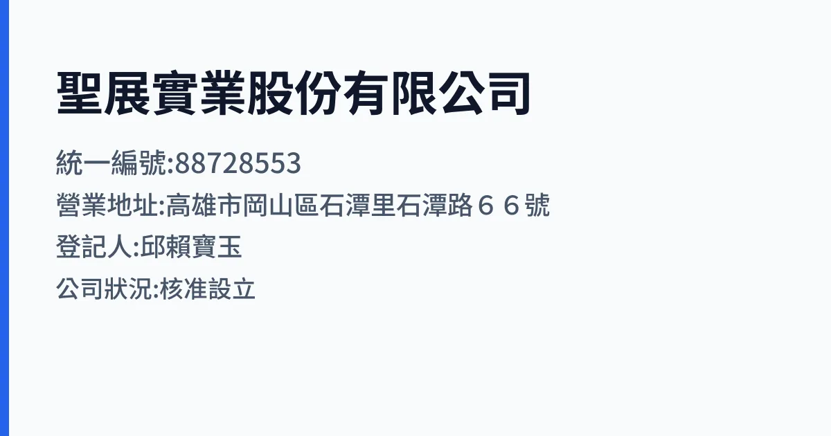 聖展實業股份有限公司 - 統編 88728553(高雄市) 公司登記資料與營業項目詳細圖表