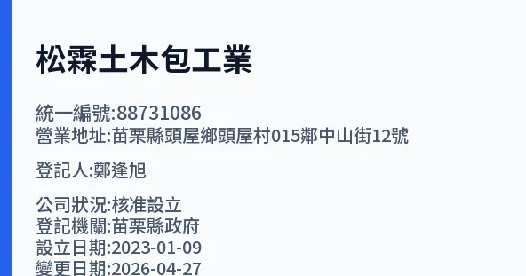 松霖土木包工業的照片-統編 88731086(苗栗縣) 公司登記資料與營業項目詳細圖表