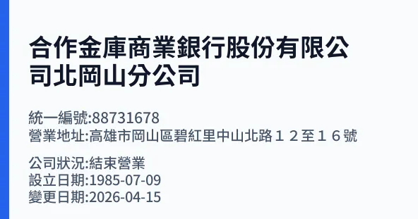 合作金庫商業銀行股份有限公司北岡山分公司的照片-統編 88731678(高雄市) 公司登記資料與營業項目詳細圖表