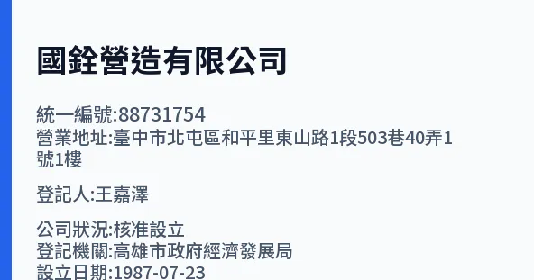 國銓營造有限公司的照片-統編 88731754(臺中市) 公司登記資料與營業項目詳細圖表