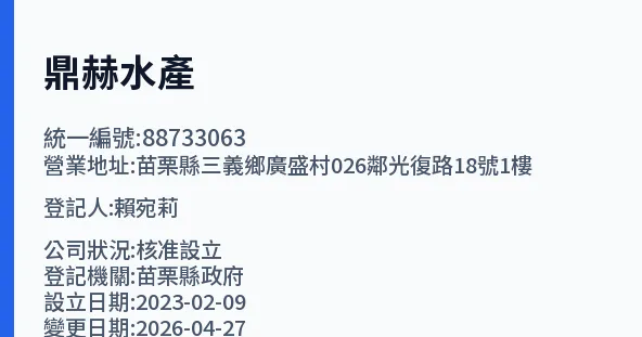 鼎赫水產的照片-統編 88733063(苗栗縣) 公司登記資料與營業項目詳細圖表