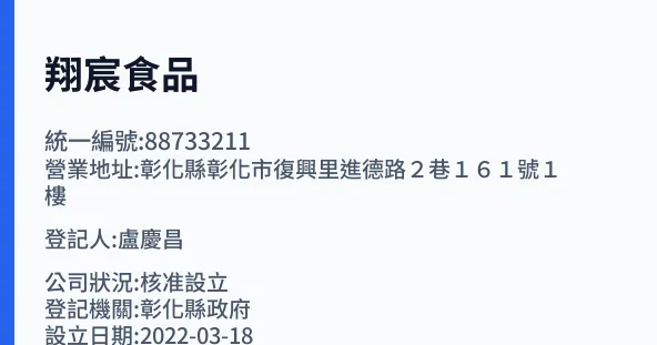 翔宸食品的照片-統編 88733211(彰化縣) 公司登記資料與營業項目詳細圖表