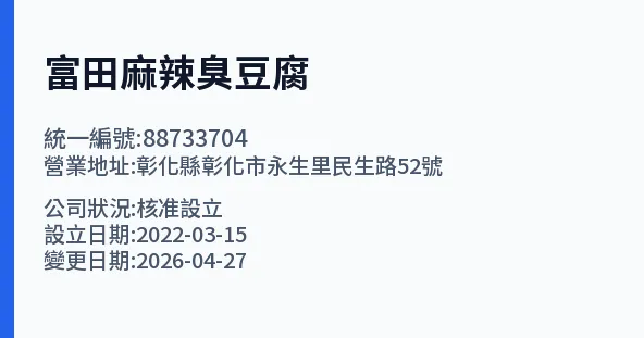 富田麻辣臭豆腐的照片-統編 88733704(彰化縣) 公司登記資料與營業項目詳細圖表