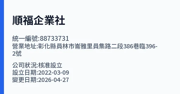 順福企業社的照片-統編 88733731(彰化縣) 公司登記資料與營業項目詳細圖表