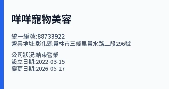 咩咩寵物美容的照片-統編 88733922(彰化縣) 公司登記資料與營業項目詳細圖表