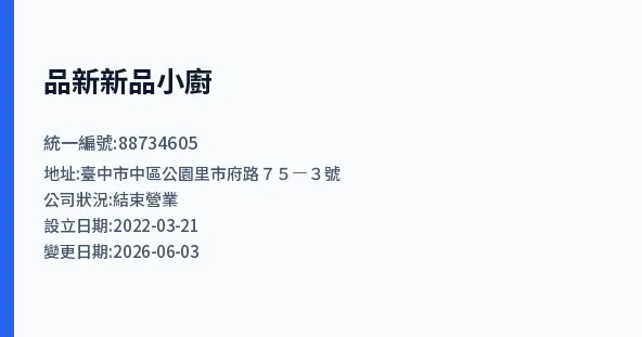 品新新品小廚的照片-統編 88734605(臺中市) 公司登記資料與營業項目詳細圖表