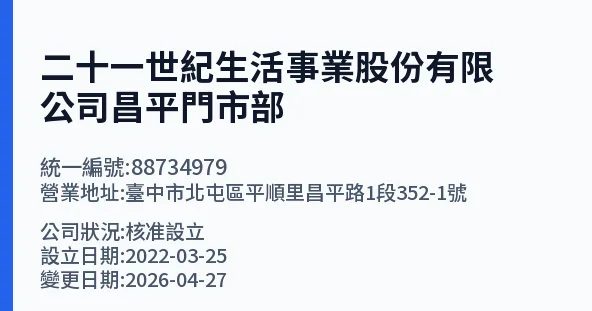 二十一世紀生活事業股份有限公司昌平門市部的照片-統編 88734979(臺中市) 公司登記資料與營業項目詳細圖表