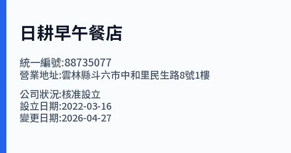 日耕早午餐店的照片-統編 88735077(雲林縣) 公司登記資料與營業項目詳細圖表