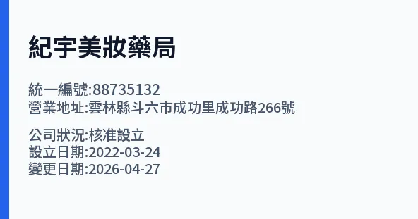紀宇美妝藥局的照片-統編 88735132(雲林縣) 公司登記資料與營業項目詳細圖表