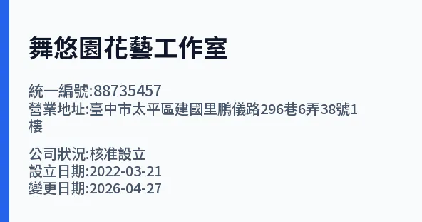 舞悠園花藝工作室的照片-統編 88735457(臺中市) 公司登記資料與營業項目詳細圖表