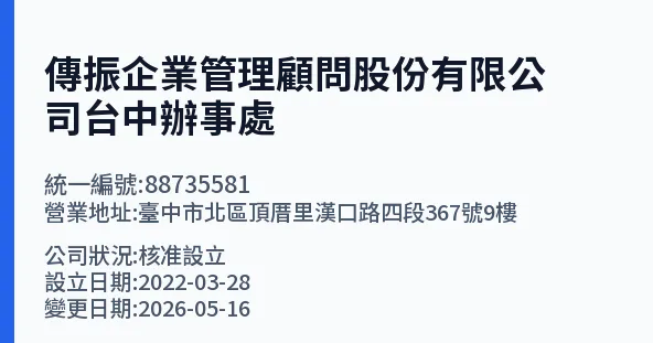 傳振企業管理顧問股份有限公司台中辦事處的照片-統編 88735581(臺中市) 公司登記資料與營業項目詳細圖表