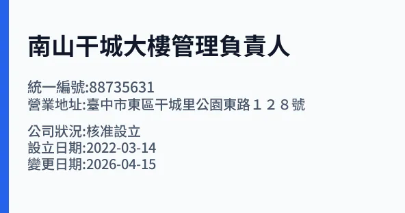 南山干城大樓管理負責人的照片-統編 88735631(臺中市) 公司登記資料與營業項目詳細圖表