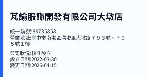 芃諭服飾開發有限公司大墩店的照片-統編 88735858(臺中市) 公司登記資料與營業項目詳細圖表