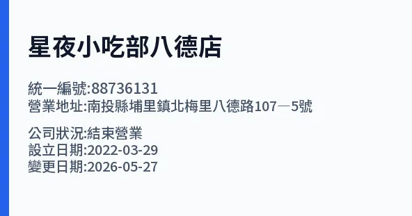 星夜小吃部八德店的照片-統編 88736131(南投縣) 公司登記資料與營業項目詳細圖表