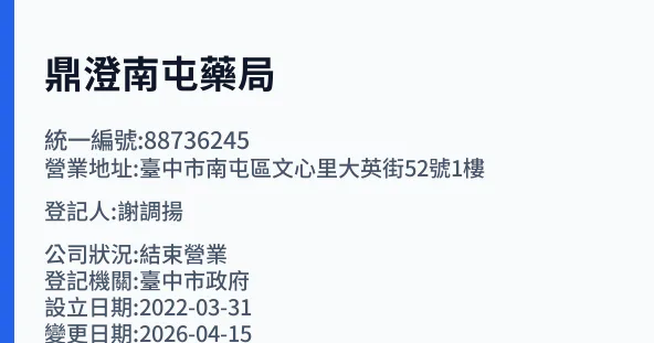 鼎澄南屯藥局的照片-統編 88736245(臺中市) 公司登記資料與營業項目詳細圖表