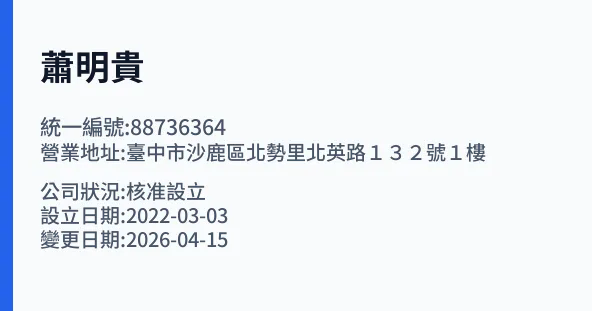 蕭明貴的照片-統編 88736364(臺中市) 公司登記資料與營業項目詳細圖表