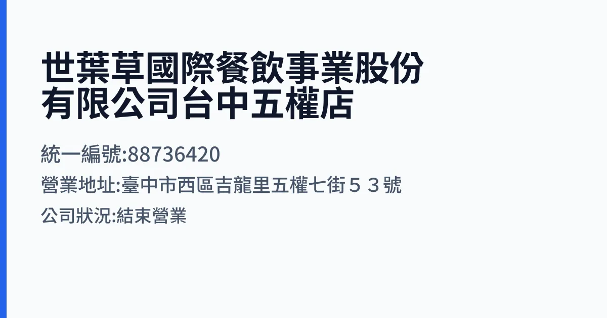 世葉草國際餐飲事業股份有限公司台中五權店 - 統編 88736420(臺中市) 公司登記資料與營業項目詳細圖表