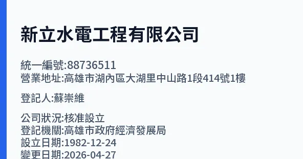 新立水電工程有限公司的照片-統編 88736511(高雄市) 公司登記資料與營業項目詳細圖表