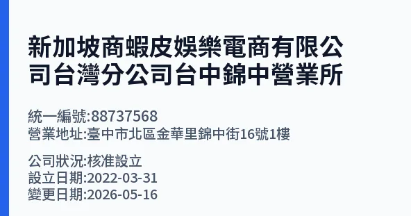 新加坡商蝦皮娛樂電商有限公司台灣分公司台中錦中營業所的照片-統編 88737568(臺中市) 公司登記資料與營業項目詳細圖表