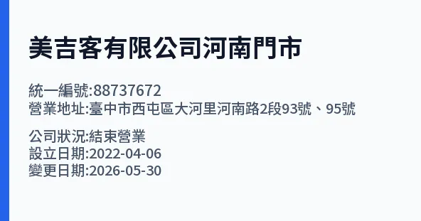 美吉客有限公司河南門市的照片-統編 88737672(臺中市) 公司登記資料與營業項目詳細圖表