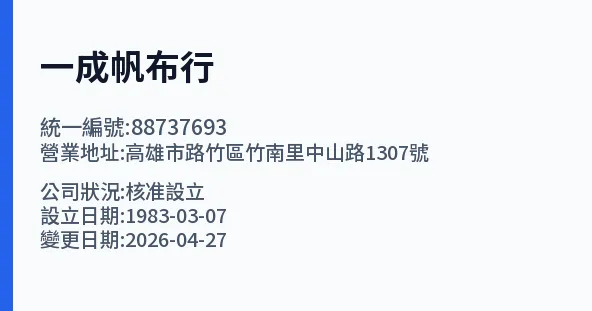 一成帆布行的照片-統編 88737693(高雄市) 公司登記資料與營業項目詳細圖表