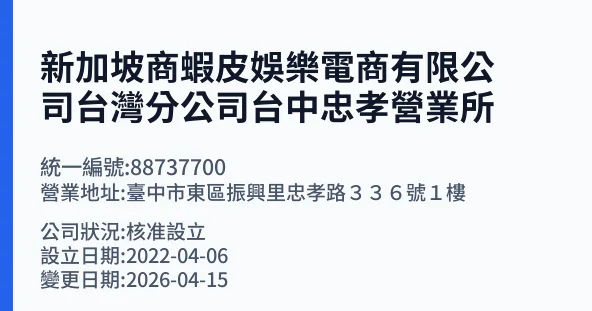 新加坡商蝦皮娛樂電商有限公司台灣分公司台中忠孝營業所的照片-統編 88737700(臺中市) 公司登記資料與營業項目詳細圖表