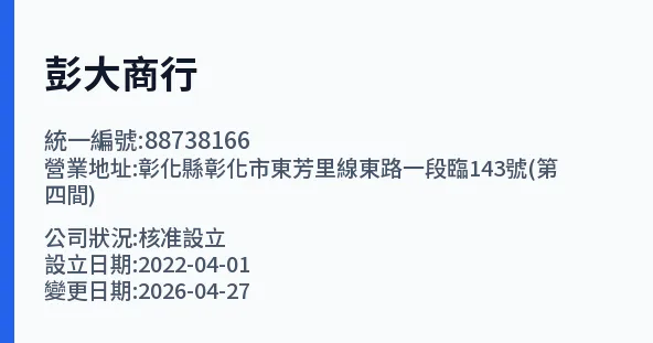 彭大商行的照片-統編 88738166(彰化縣) 公司登記資料與營業項目詳細圖表