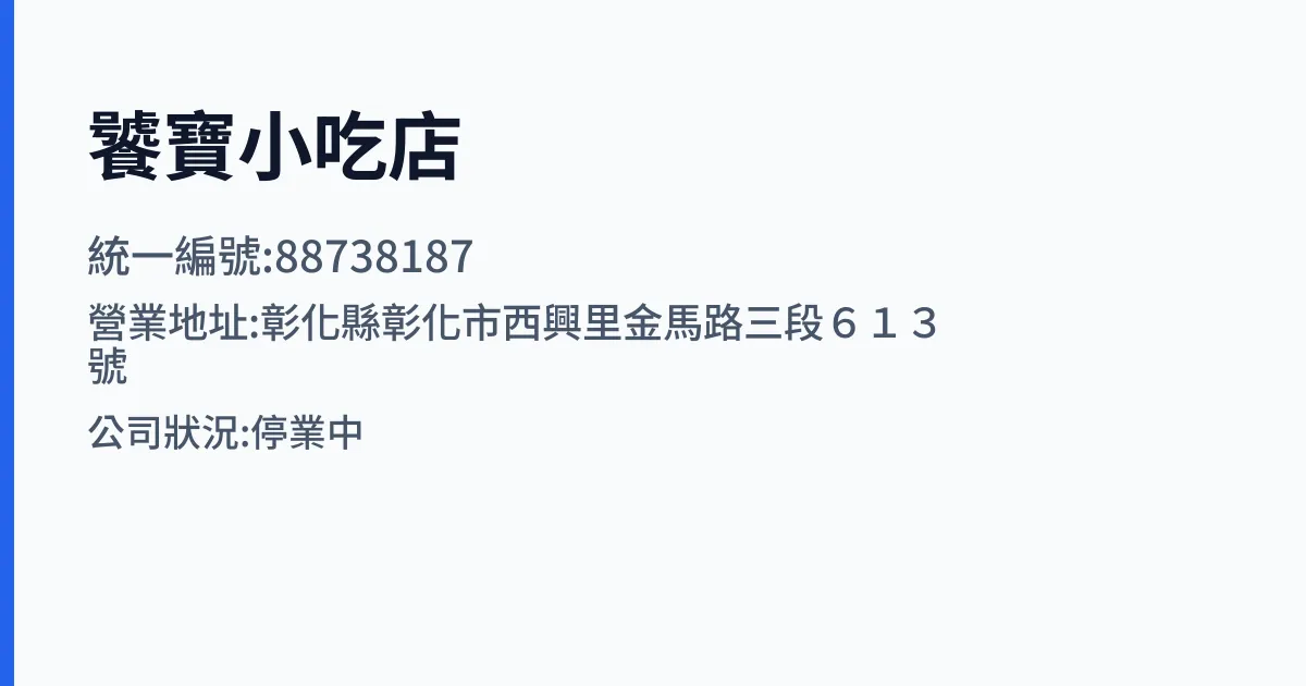 饕寶小吃店 - 統編 88738187(彰化縣) 公司登記資料與營業項目詳細圖表