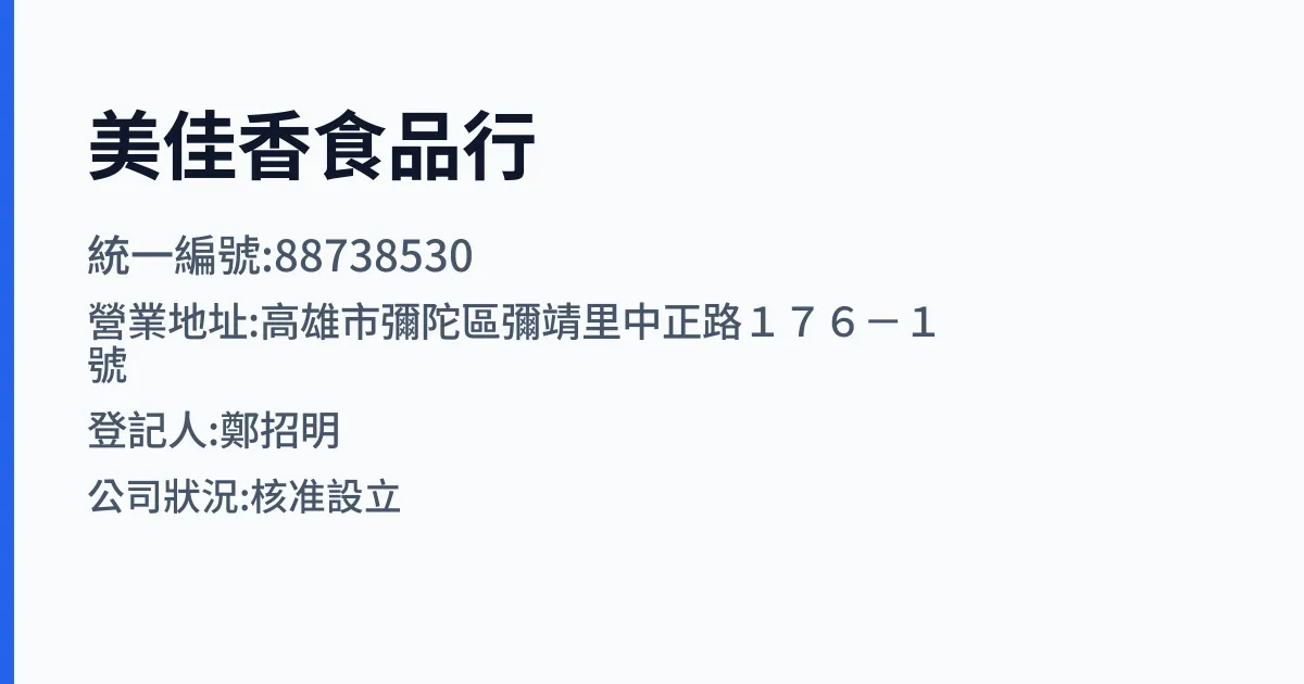 美佳香食品行 - 統編 88738530(高雄市) 公司登記資料與營業項目詳細圖表