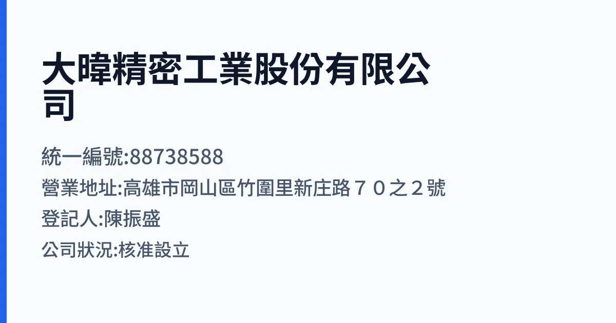 大暐精密工業股份有限公司 - 統編 88738588(高雄市) 公司登記資料與營業項目詳細圖表