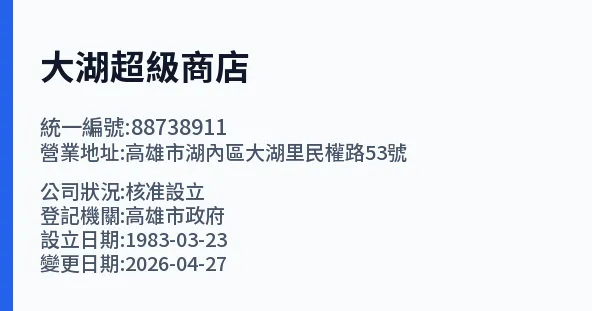大湖超級商店的照片-統編 88738911(高雄市) 公司登記資料與營業項目詳細圖表