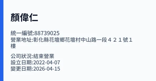 顏偉仁的照片-統編 88739025(彰化縣) 公司登記資料與營業項目詳細圖表