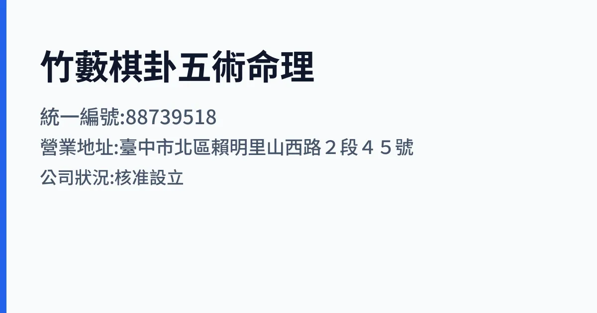 竹藪棋卦五術命理 - 統編 88739518(臺中市) 公司登記資料與營業項目詳細圖表